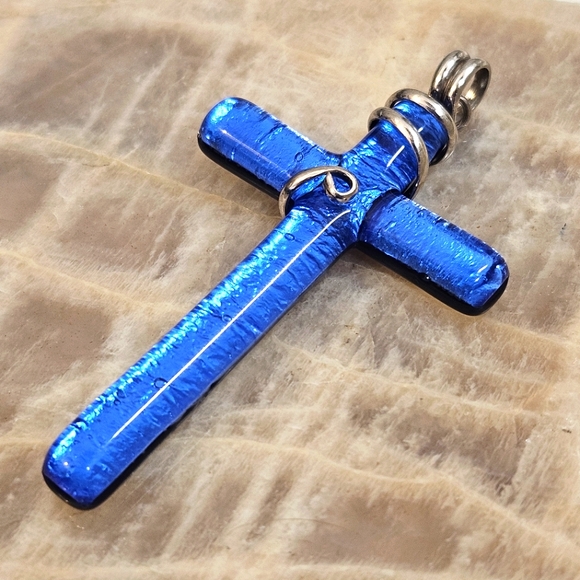 Jewelry | Handcrafted Blue Glass Cross Sterling Silver Wrapped Bail 925 ...